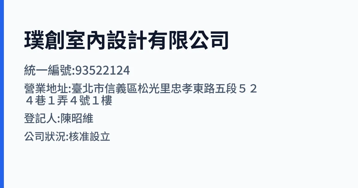 璞創室內設計有限公司 - 統編 93522124(臺北市) 公司登記資料與營業項目詳細圖表