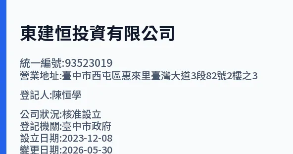 東建恒投資有限公司的照片-統編 93523019(臺中市) 公司登記資料與營業項目詳細圖表