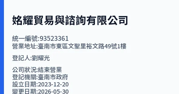 姳耀貿易與諮詢有限公司的照片-統編 93523361(臺南市) 公司登記資料與營業項目詳細圖表