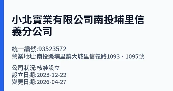 小北實業有限公司南投埔里信義分公司的照片-統編 93523572(南投縣) 公司登記資料與營業項目詳細圖表