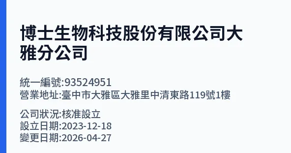 博士生物科技股份有限公司大雅分公司的照片-統編 93524951(臺中市) 公司登記資料與營業項目詳細圖表