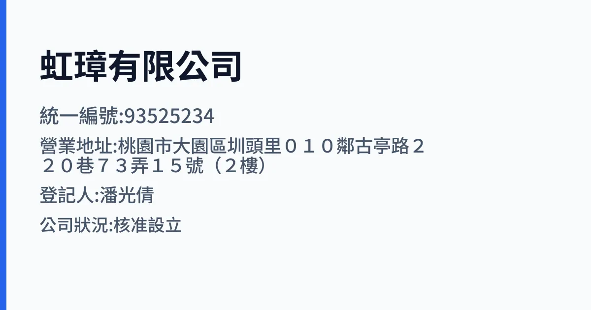 虹璋有限公司 - 統編 93525234(桃園市) 公司登記資料與營業項目詳細圖表