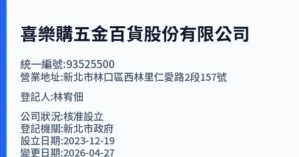 喜樂購五金百貨股份有限公司的照片-統編 93525500(新北市) 公司登記資料與營業項目詳細圖表