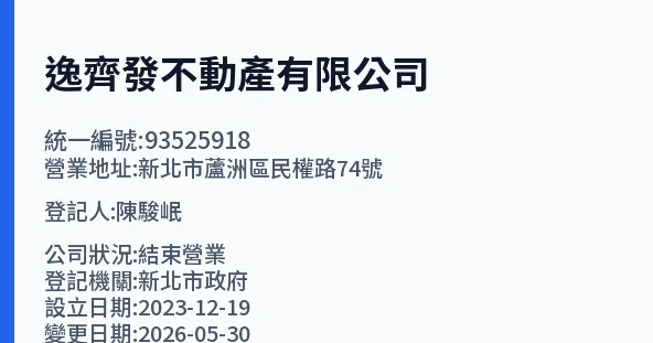 逸齊發不動產有限公司的照片-統編 93525918(新北市) 公司登記資料與營業項目詳細圖表