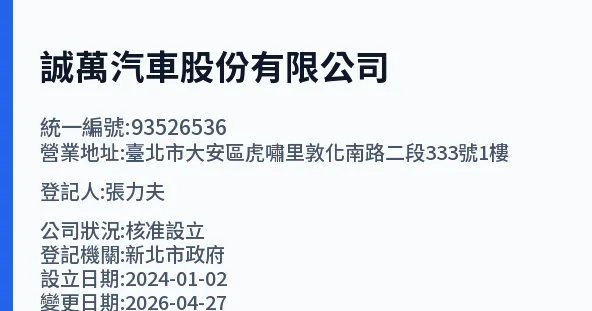 誠萬汽車股份有限公司的照片-統編 93526536(臺北市) 公司登記資料與營業項目詳細圖表
