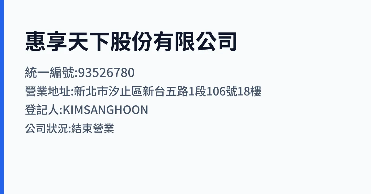 惠享天下股份有限公司 - 統編 93526780(新北市) 公司登記資料與營業項目詳細圖表