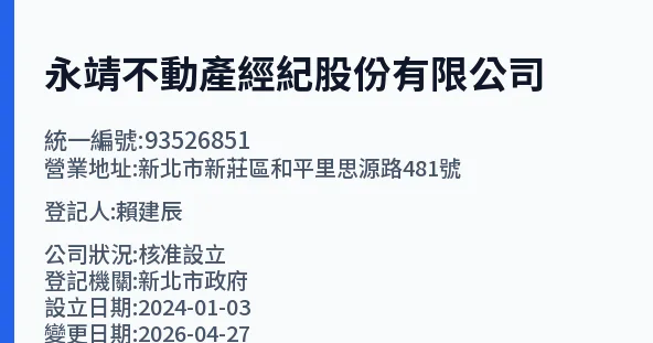 永靖不動產經紀股份有限公司的照片-統編 93526851(新北市) 公司登記資料與營業項目詳細圖表