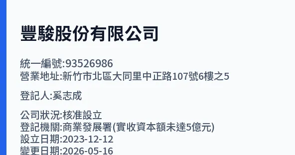豐駿股份有限公司的照片-統編 93526986(新竹市) 公司登記資料與營業項目詳細圖表