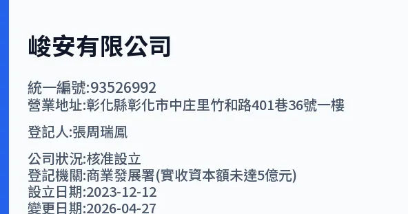 峻安有限公司的照片-統編 93526992(彰化縣) 公司登記資料與營業項目詳細圖表