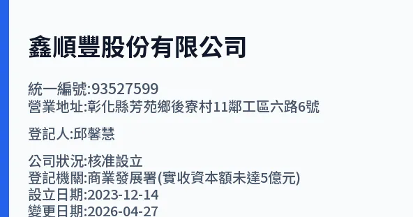 鑫順豐股份有限公司的照片-統編 93527599(彰化縣) 公司登記資料與營業項目詳細圖表