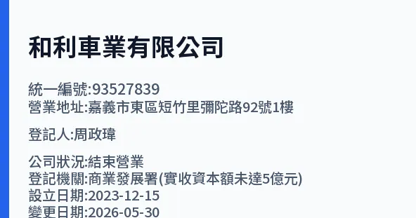 和利車業有限公司的照片-統編 93527839(嘉義市) 公司登記資料與營業項目詳細圖表