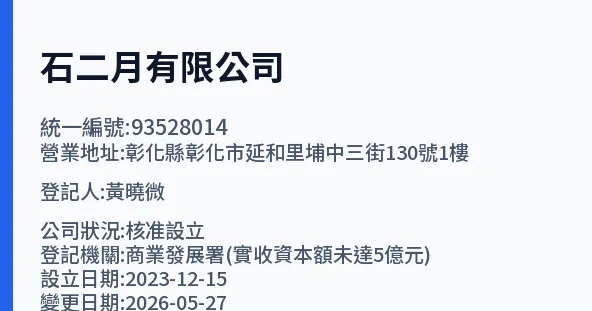 石二月有限公司的照片-統編 93528014(彰化縣) 公司登記資料與營業項目詳細圖表