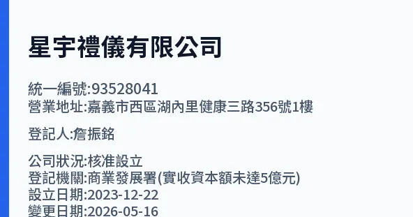 星宇禮儀有限公司的照片-統編 93528041(嘉義市) 公司登記資料與營業項目詳細圖表