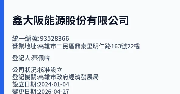 鑫大阪能源股份有限公司的照片-統編 93528366(高雄市) 公司登記資料與營業項目詳細圖表
