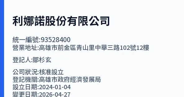 利娜諾股份有限公司的照片-統編 93528400(高雄市) 公司登記資料與營業項目詳細圖表