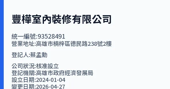 豐樺室內裝修有限公司的照片-統編 93528491(高雄市) 公司登記資料與營業項目詳細圖表