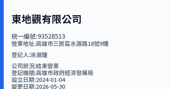 東地觀有限公司的照片-統編 93528513(高雄市) 公司登記資料與營業項目詳細圖表