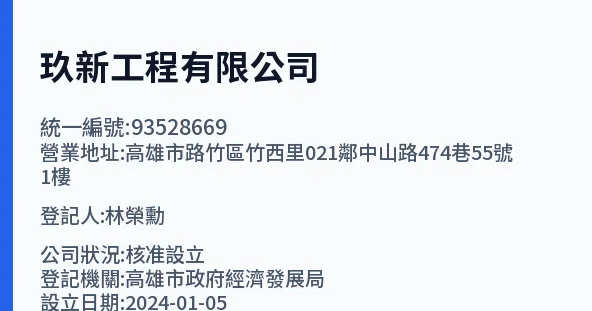 玖新工程有限公司的照片-統編 93528669(高雄市) 公司登記資料與營業項目詳細圖表