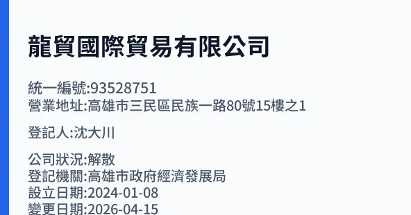 龍貿國際貿易有限公司的照片-統編 93528751(高雄市) 公司登記資料與營業項目詳細圖表
