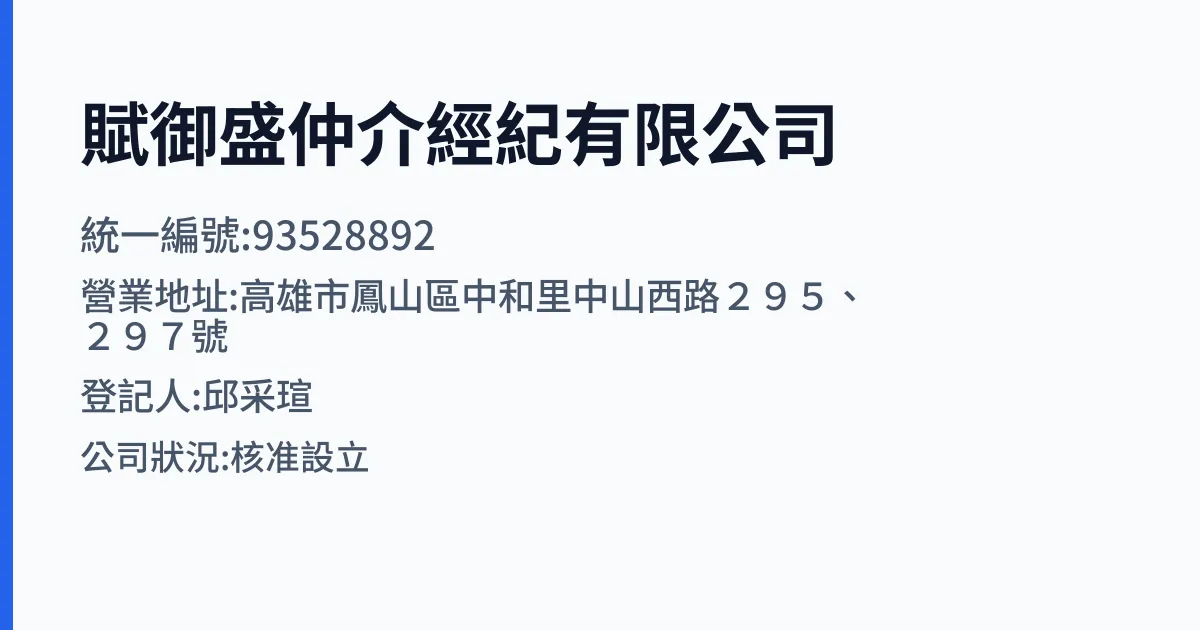 賦御盛仲介經紀有限公司 - 統編 93528892(高雄市) 公司登記資料與營業項目詳細圖表