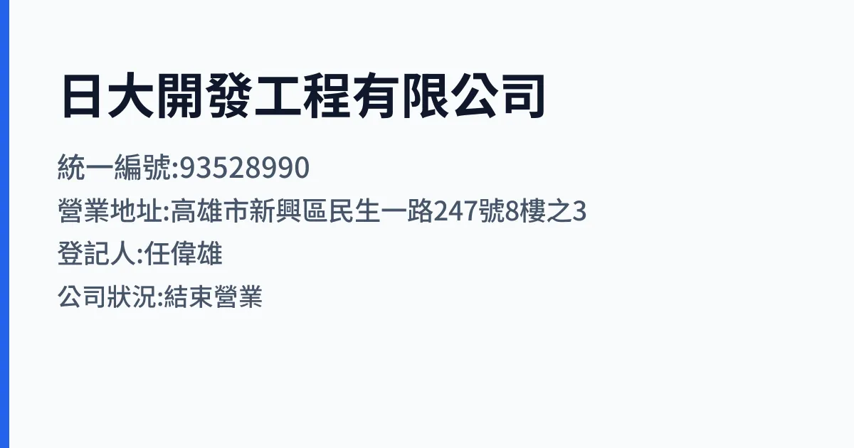 日大開發工程有限公司 - 統編 93528990(高雄市) 公司登記資料與營業項目詳細圖表