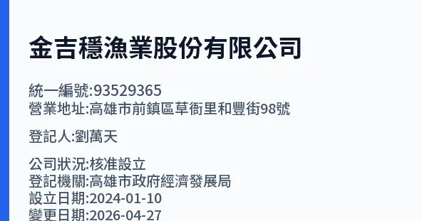 金吉穩漁業股份有限公司的照片-統編 93529365(高雄市) 公司登記資料與營業項目詳細圖表