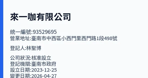 來一咖有限公司的照片-統編 93529695(臺南市) 公司登記資料與營業項目詳細圖表