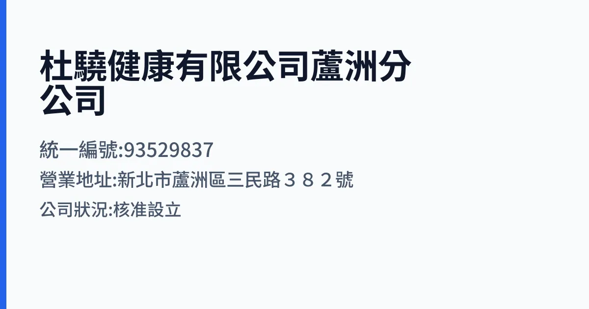 杜驍健康有限公司蘆洲分公司 - 統編 93529837(新北市) 公司登記資料與營業項目詳細圖表