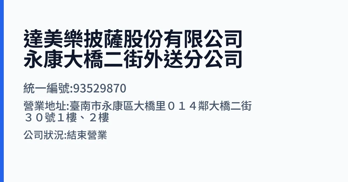達美樂披薩股份有限公司永康大橋二街外送分公司 - 統編 93529870(臺南市) 公司登記資料與營業項目詳細圖表