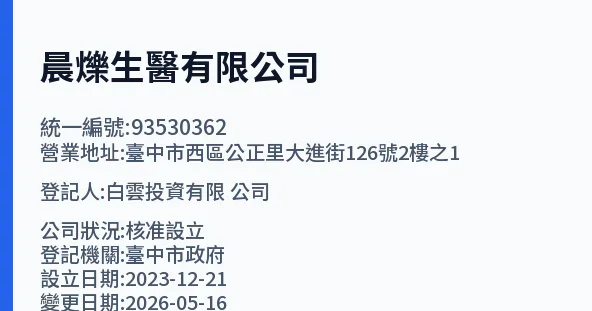 晨爍生醫有限公司的照片-統編 93530362(臺中市) 公司登記資料與營業項目詳細圖表