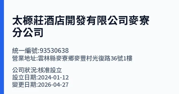 太榞莊酒店開發有限公司麥寮分公司的照片-統編 93530638(雲林縣) 公司登記資料與營業項目詳細圖表