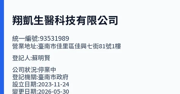翔凱生醫科技有限公司的照片-統編 93531989(臺南市) 公司登記資料與營業項目詳細圖表