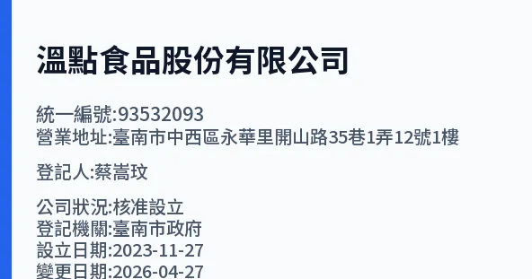 溫點食品股份有限公司的照片-統編 93532093(臺南市) 公司登記資料與營業項目詳細圖表