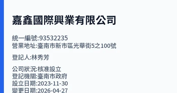 嘉鑫國際興業有限公司的照片-統編 93532235(臺南市) 公司登記資料與營業項目詳細圖表