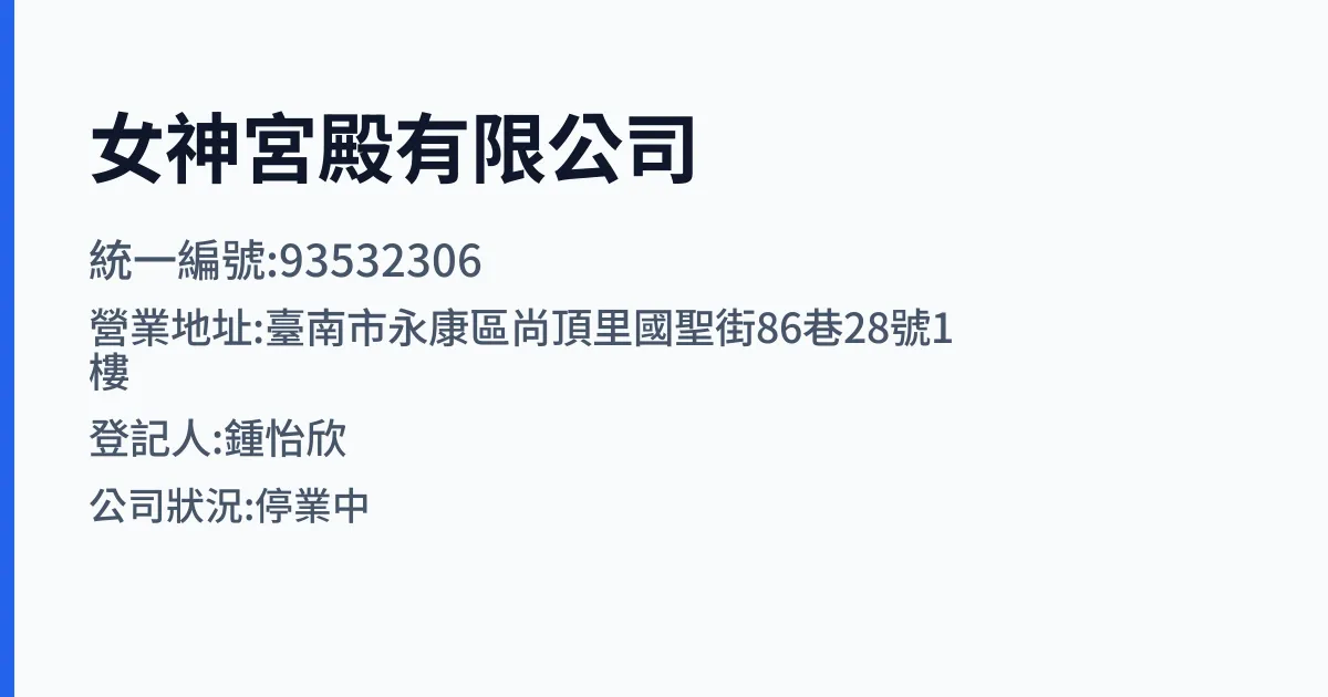 女神宮殿有限公司 - 統編 93532306(臺南市) 公司登記資料與營業項目詳細圖表