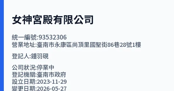 女神宮殿有限公司的照片-統編 93532306(臺南市) 公司登記資料與營業項目詳細圖表