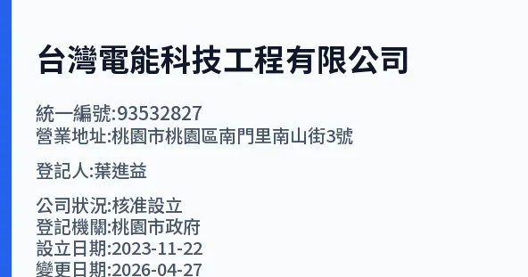 台灣電能科技工程有限公司的照片-統編 93532827(桃園市) 公司登記資料與營業項目詳細圖表
