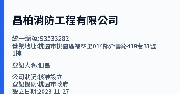 昌柏消防工程有限公司的照片-統編 93533282(桃園市) 公司登記資料與營業項目詳細圖表