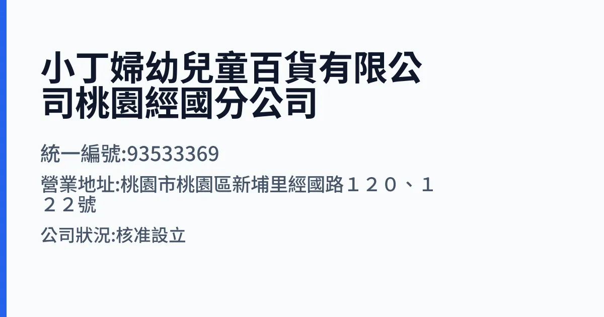 小丁婦幼兒童百貨有限公司桃園經國分公司 - 統編 93533369(桃園市) 公司登記資料與營業項目詳細圖表