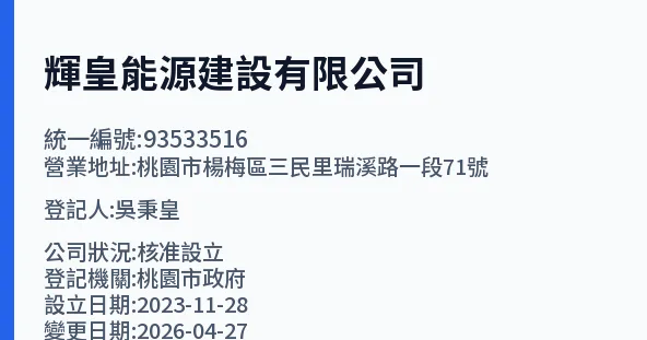 輝皇能源建設有限公司的照片-統編 93533516(桃園市) 公司登記資料與營業項目詳細圖表