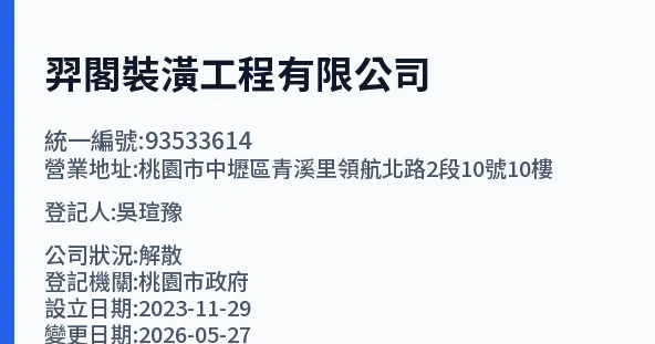羿閣裝潢工程有限公司的照片-統編 93533614(桃園市) 公司登記資料與營業項目詳細圖表