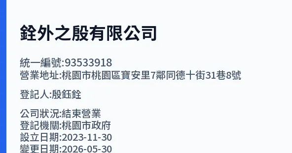 銓外之殷有限公司的照片-統編 93533918(桃園市) 公司登記資料與營業項目詳細圖表
