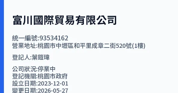 富川國際貿易有限公司的照片-統編 93534162(桃園市) 公司登記資料與營業項目詳細圖表