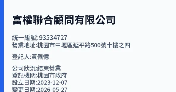 富權聯合顧問有限公司的照片-統編 93534727(桃園市) 公司登記資料與營業項目詳細圖表