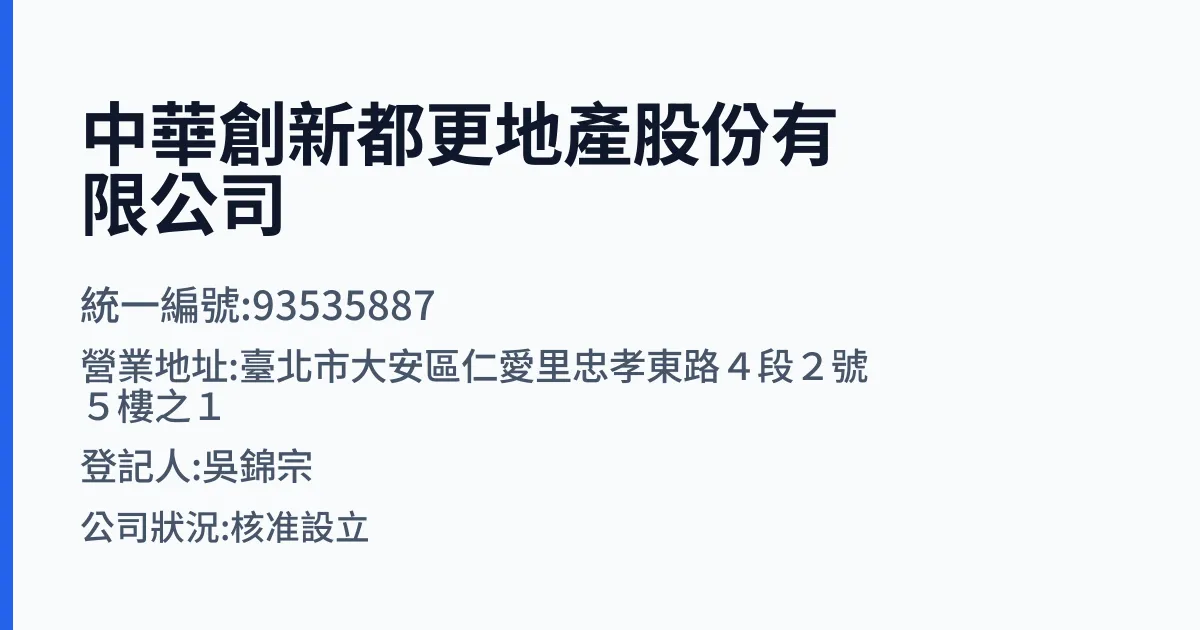 中華創新都更地產股份有限公司 - 統編 93535887(臺北市) 公司登記資料與營業項目詳細圖表