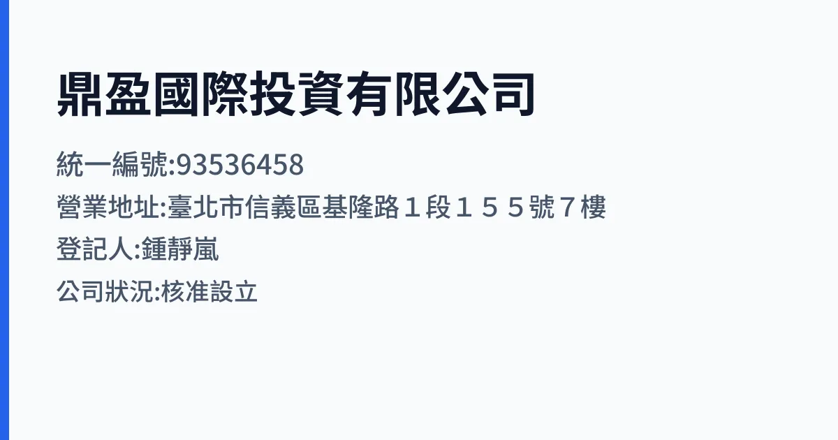 鼎盈國際投資有限公司 - 統編 93536458(臺北市) 公司登記資料與營業項目詳細圖表
