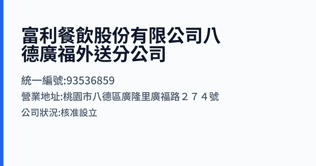 富利餐飲股份有限公司八德廣福外送分公司 - 統編 93536859(桃園市) 公司登記資料與營業項目詳細圖表