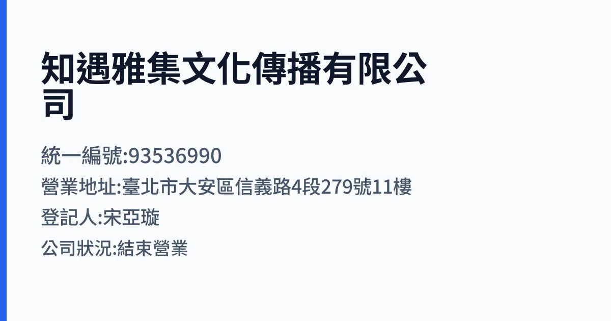 知遇雅集文化傳播有限公司 - 統編 93536990(臺北市) 公司登記資料與營業項目詳細圖表