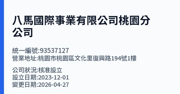 八馬國際事業有限公司桃園分公司的照片-統編 93537127(桃園市) 公司登記資料與營業項目詳細圖表
