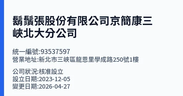 鬍鬚張股份有限公司京簡康三峽北大分公司的照片-統編 93537597(新北市) 公司登記資料與營業項目詳細圖表
